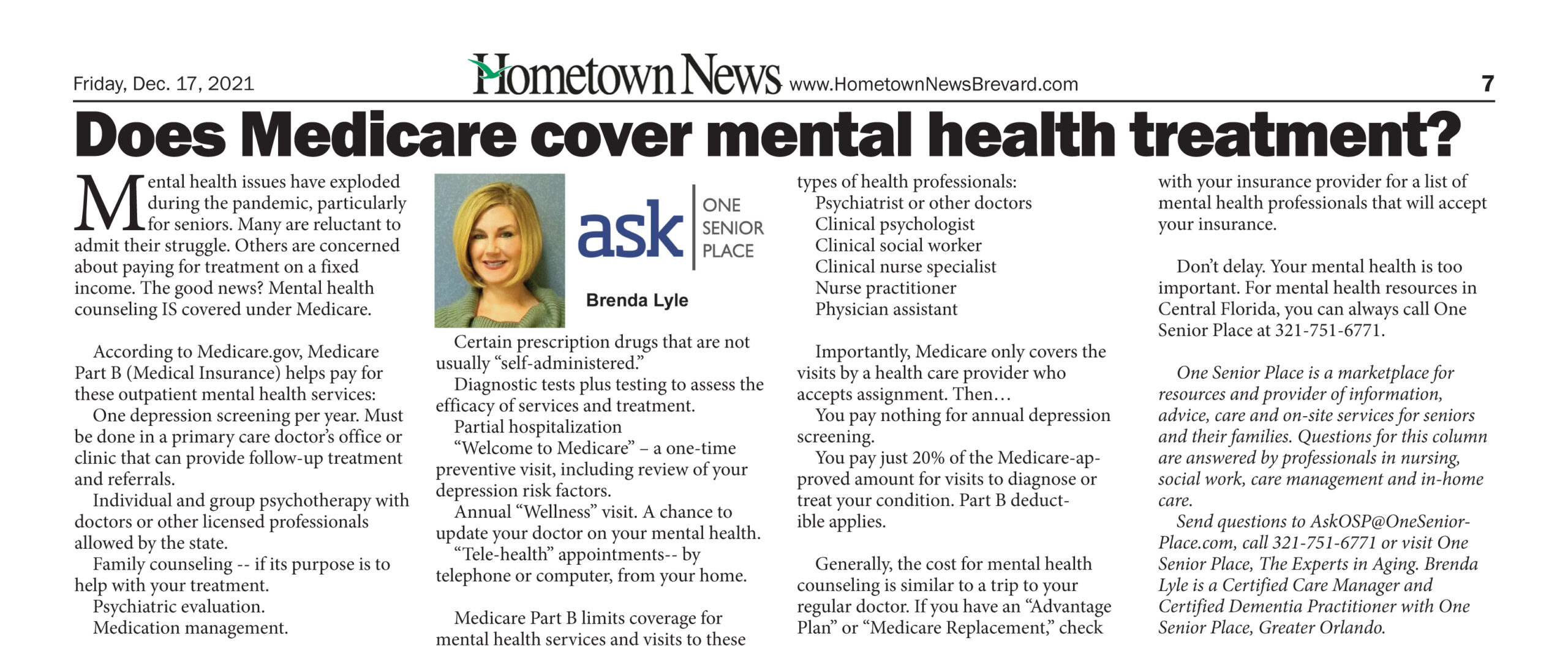 Ask One Senior Place Does Medicare Cover Mental Health Treatment 